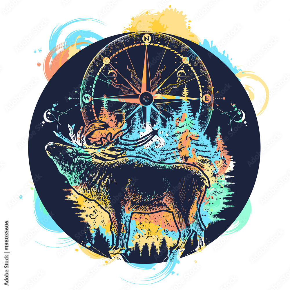 Reindeer and compass tattoo. Deer and compass ethnic tribal tattoo ...