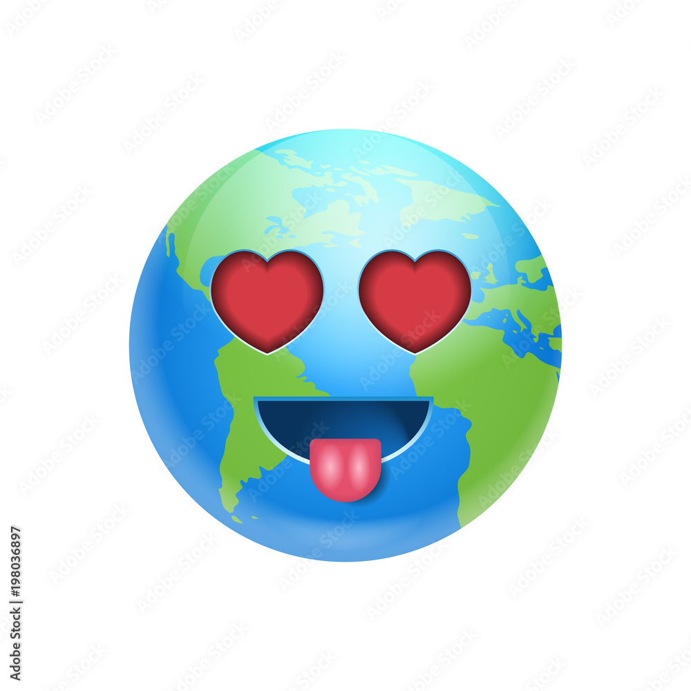 Cartoon Earth Face Lovely Heart Shaped Eyes Icon Funny Planet Emotion ...