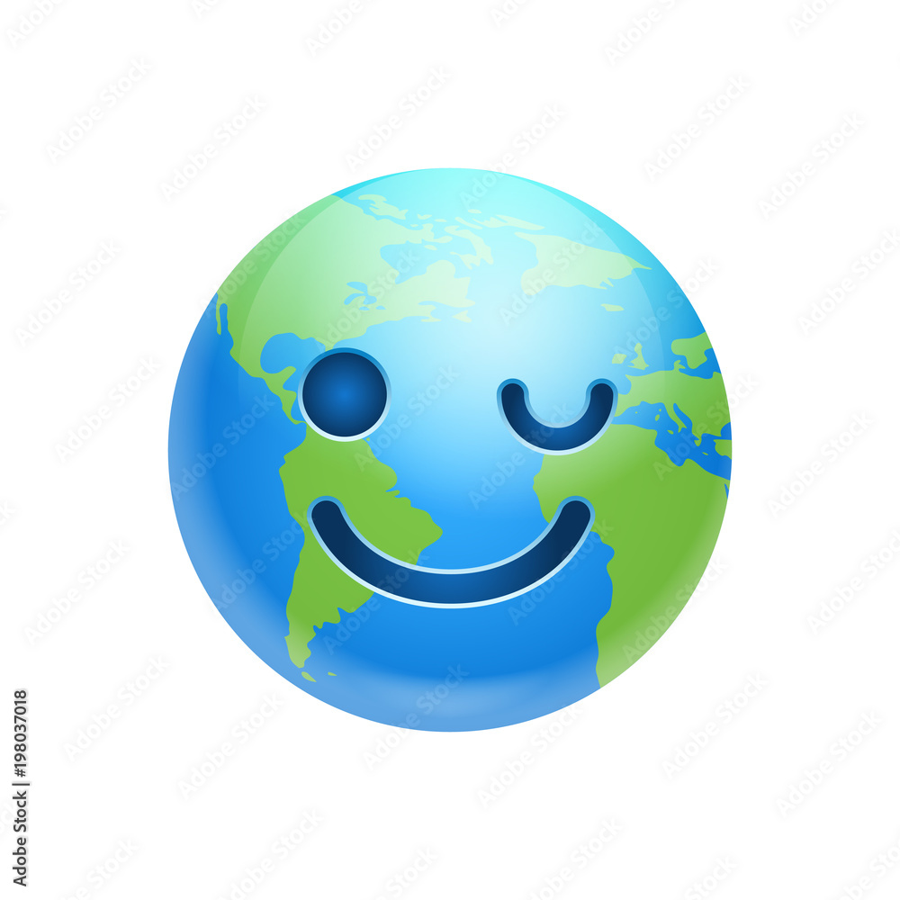 Cartoon Earth Face Happy Smile Winking Icon Funny Planet Emotion Flat ...