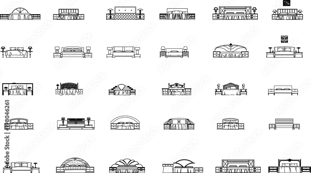 Beds furniture front view and side view vector drawing Stock ...