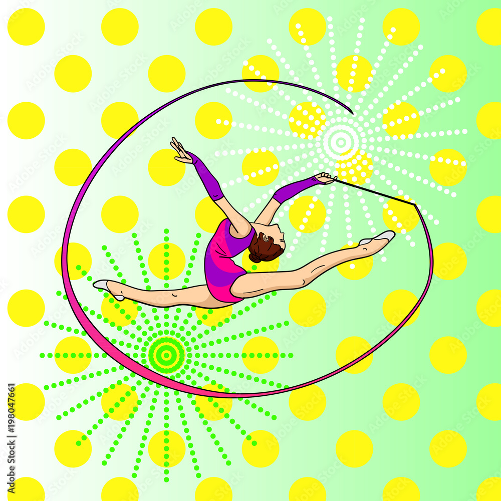 Pop art rhythmic gymnastics, girl with a ribbon on twine. Color ...