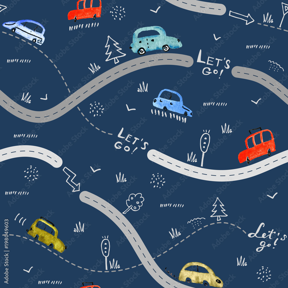 Seamless vector pattern with small cars and road signs on blue ...