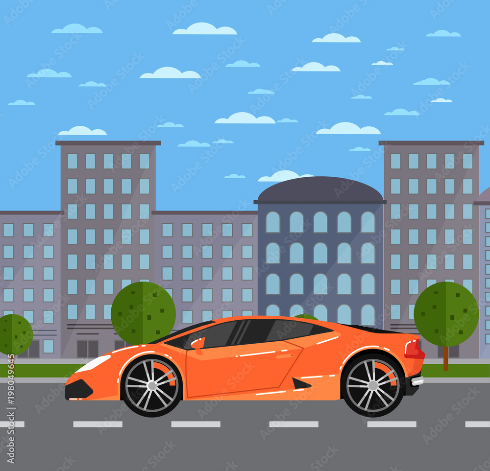 Luxury sports car in urban landscape. Exotic supercar, modern auto ...