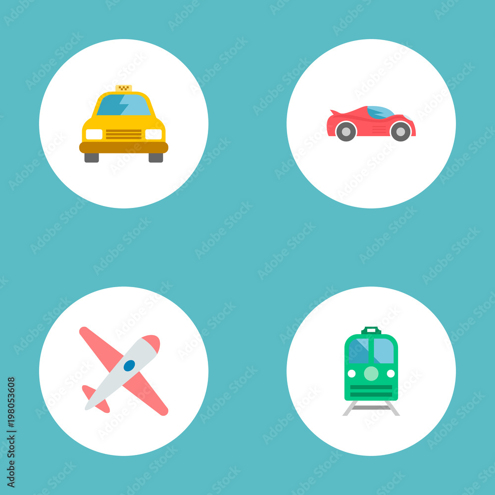 Set of transport icons flat style symbols with taxi, airplane, electric ...