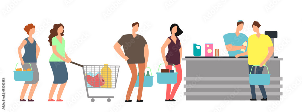 Big queue shopping people at cash desk with cashier in supermarket ...