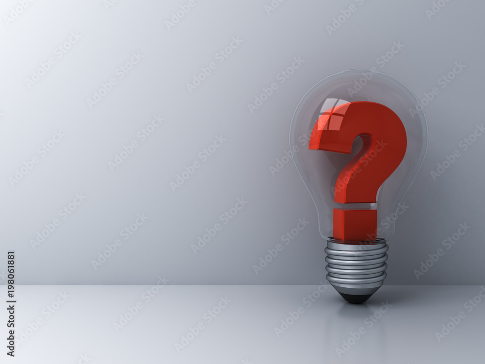 Red question mark in glass light bulb on white background with shadow ...