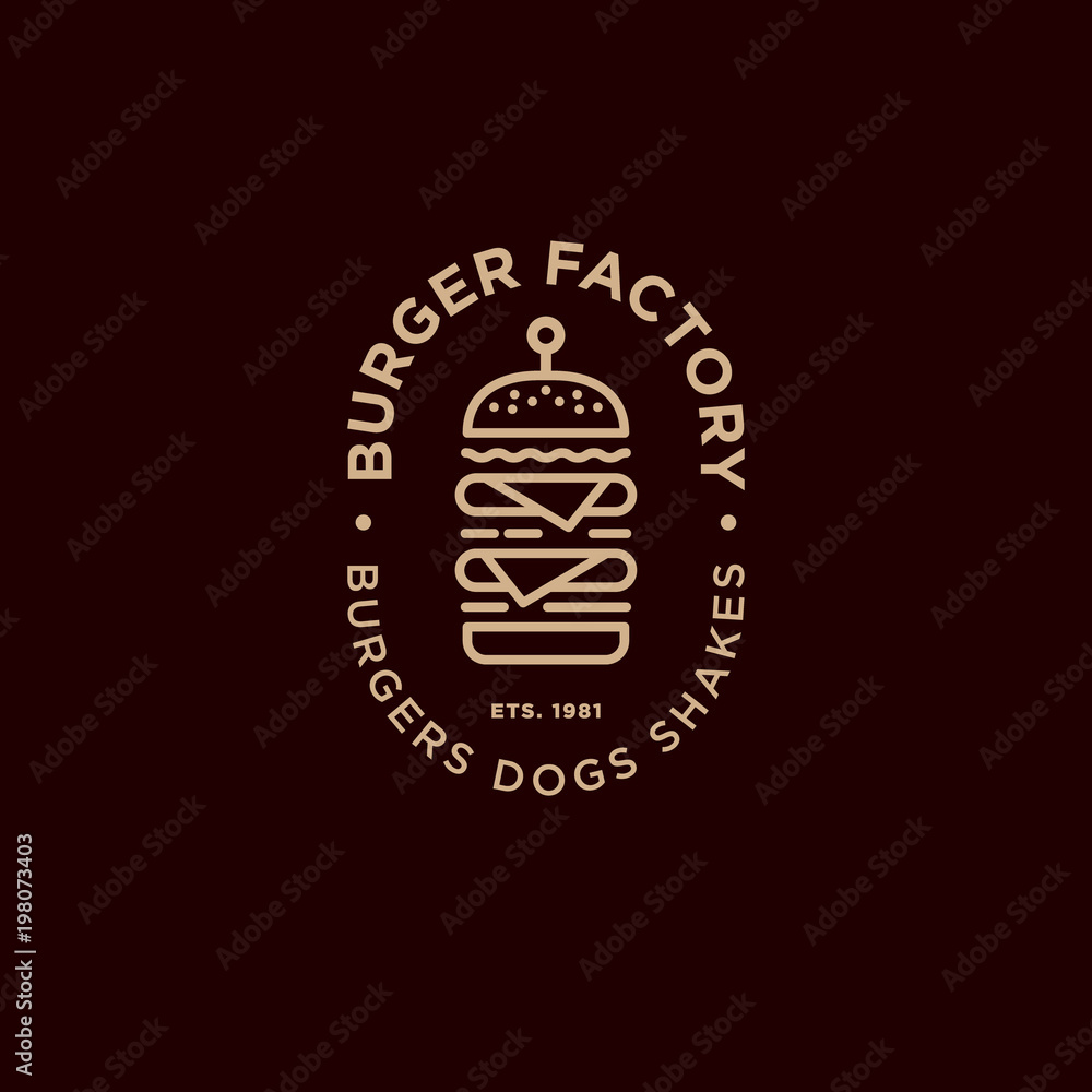 Burger factory logo. Hamburger restaurant emblem. Linear flat logo. Big ...
