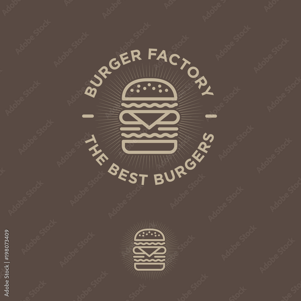 Burger factory logo. Hamburger restaurant emblem. Linear flat logo. Big ...