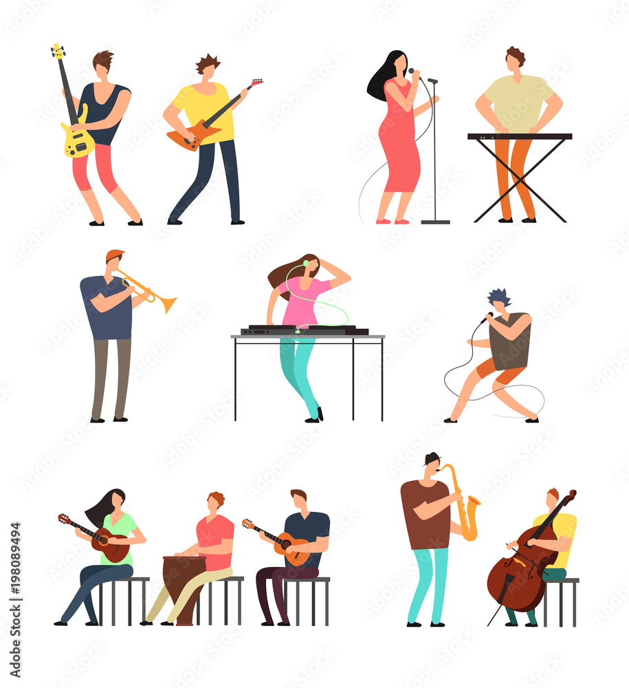 People performing music. Musicians with musical instruments. Vector ...