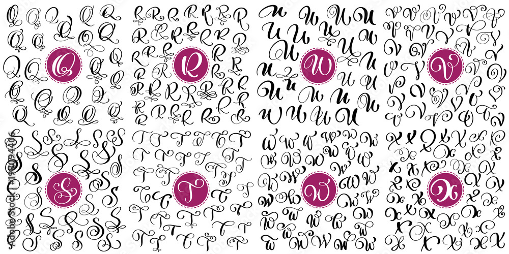 Set letter Q, R, S, T, U, V, W, X Hand drawn vector flourish ...
