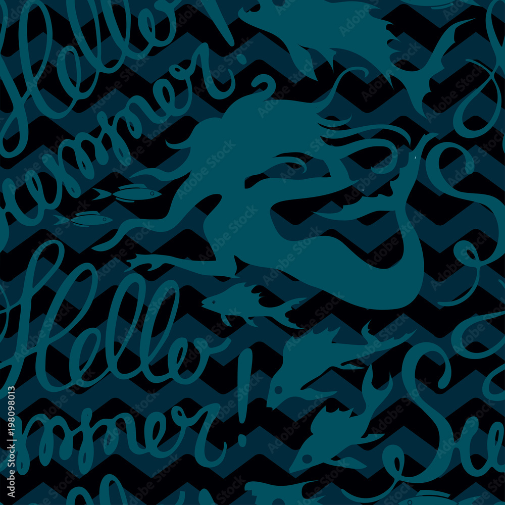 Seamless watercolor mermaid pattern. Dark vector marine background ...