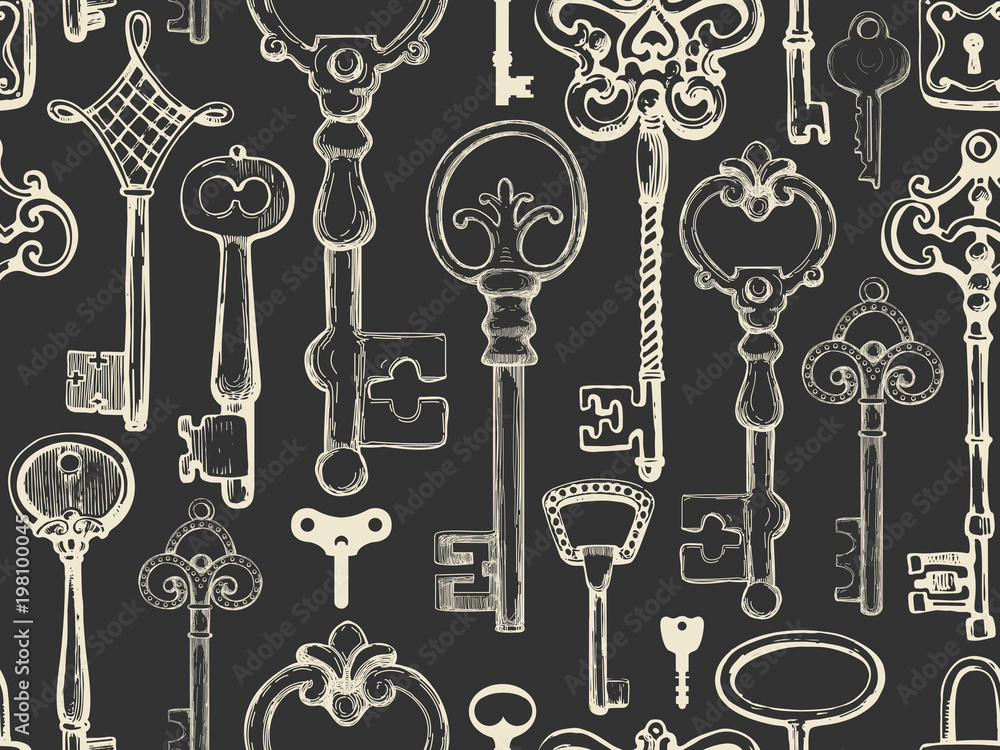 Seamless pattern. Vector set of hand-drawn antique keys. Illustration ...