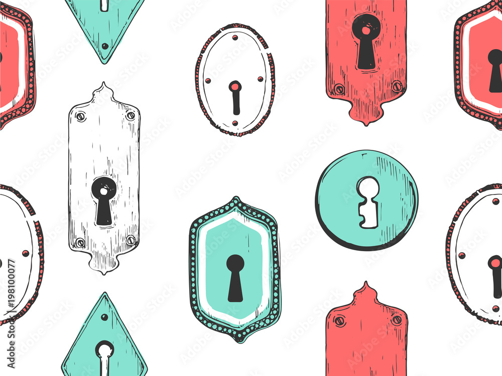 Seamless pattern. Vector set of hand-drawn antique keyholes ...