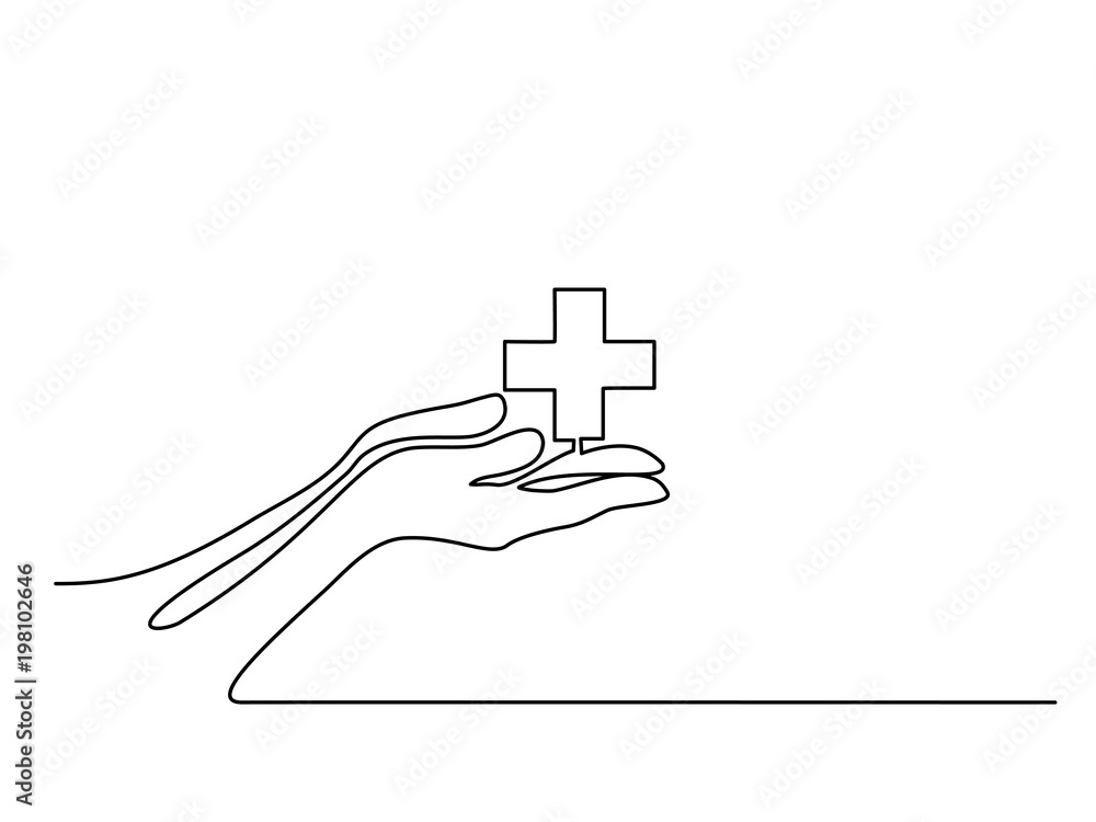 Continuous line drawing. Hands palms together with medical cross ...