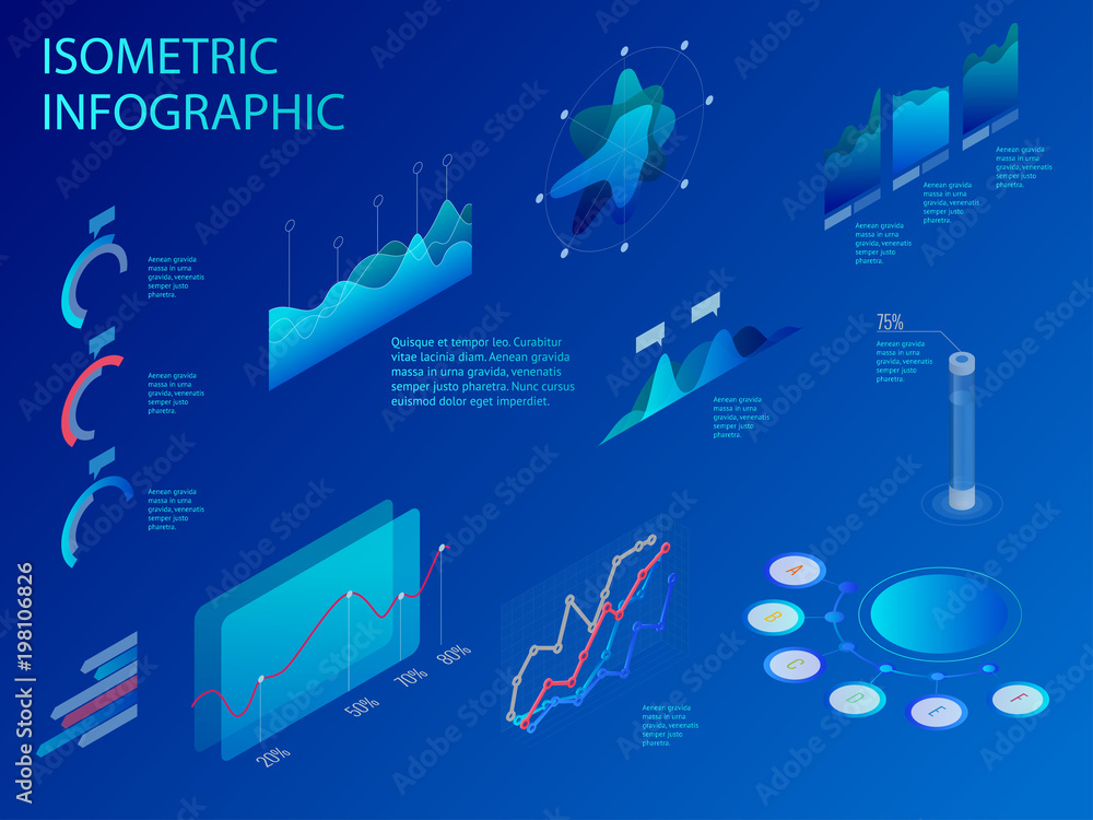 Isometric set of infographics with data financial graphs or diagrams ...