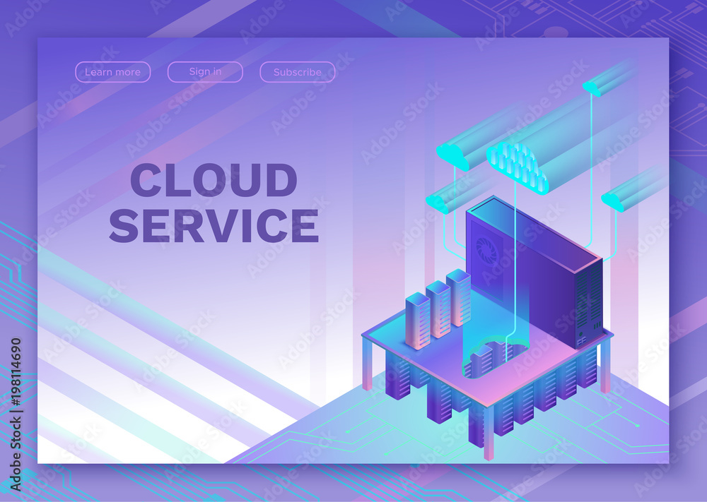 Cloud service 3d isometric infographic illustration with man, landing ...