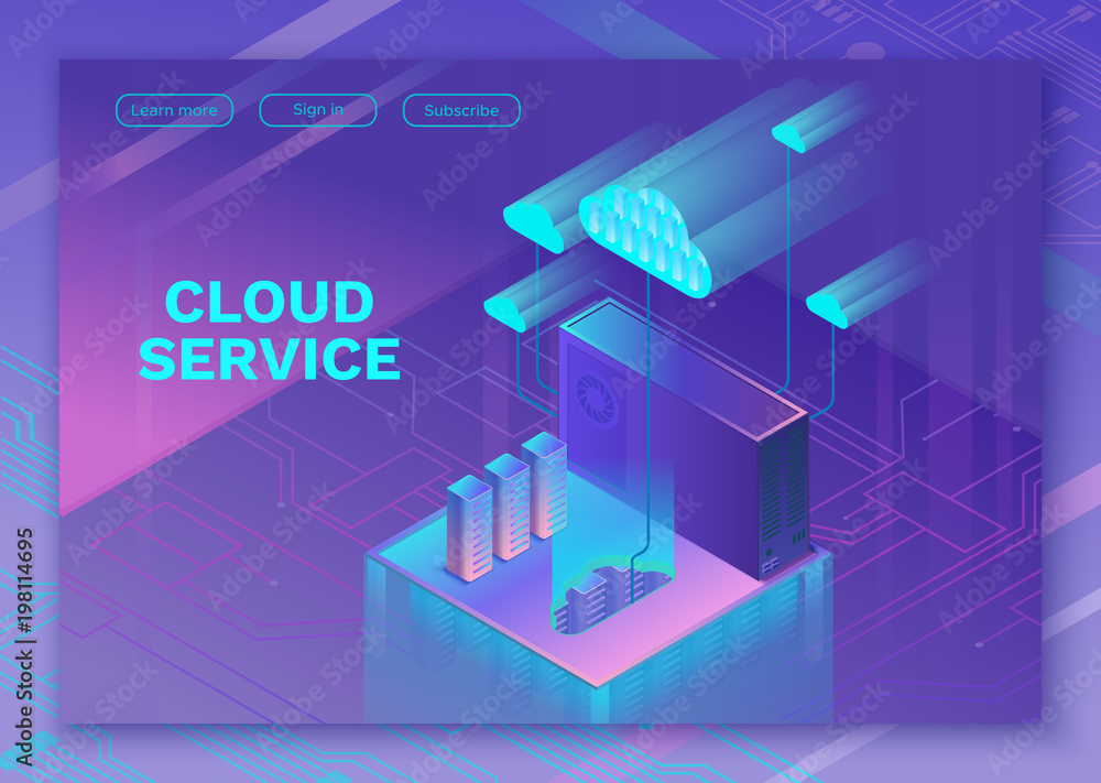 Cloud service 3d isometric infographic illustration with man, landing ...