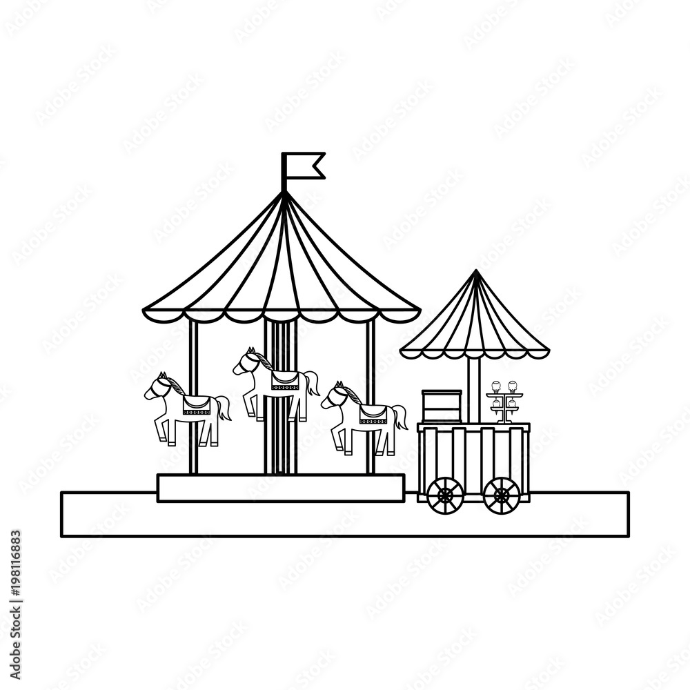 carnival festival carousel and food ice cream cart vector illustration ...