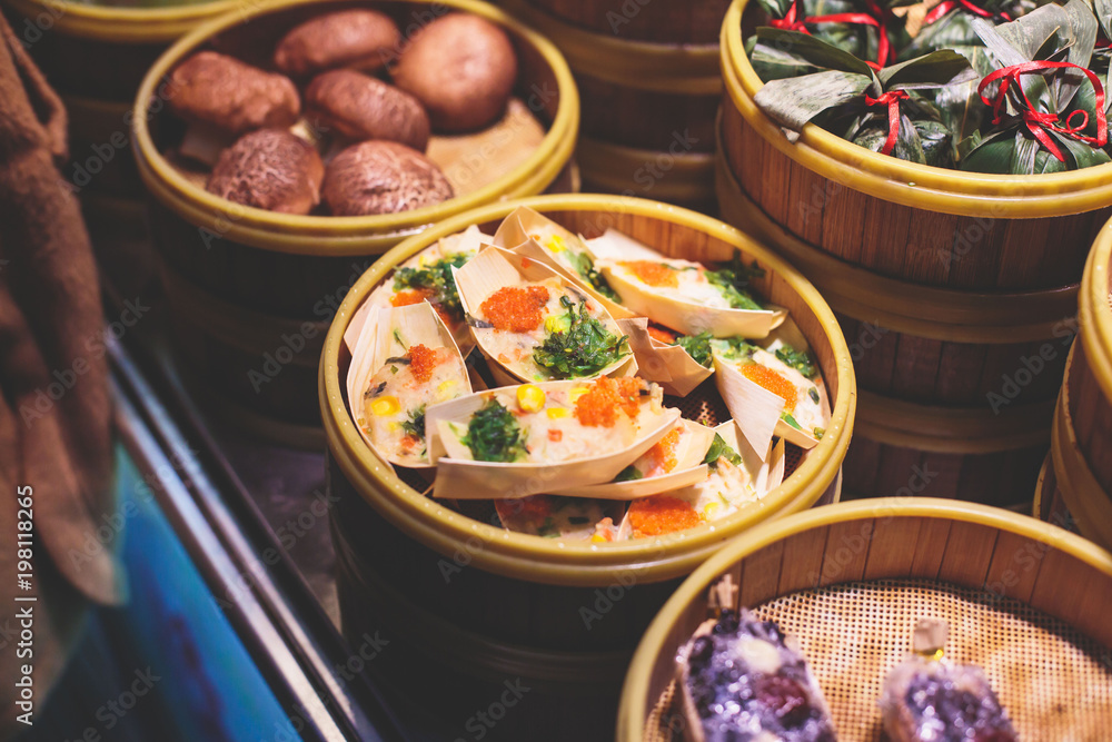 Assortment of different types of asian traditional street food in ...