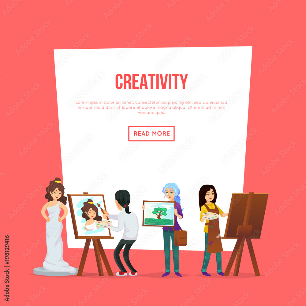Creativity poster with artists painting and showing artworks. Student ...