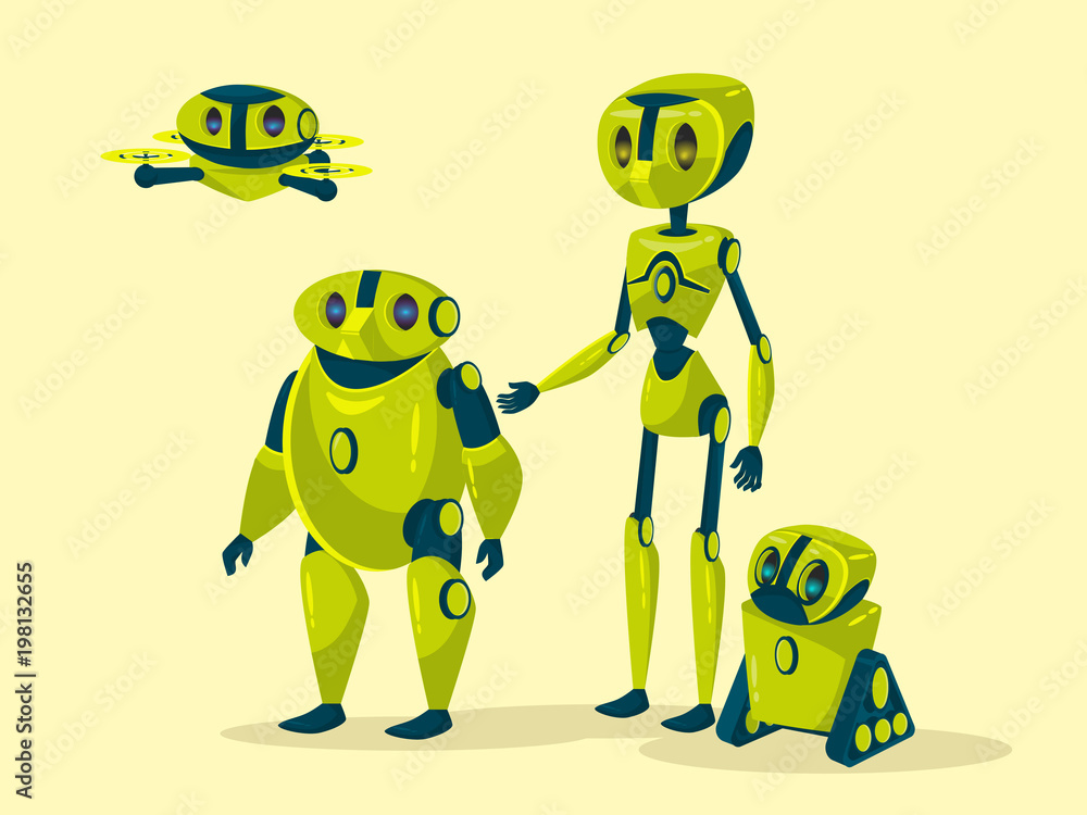 Vector cartoon green robots set. Humanoid cyborgs with body, arms, legs ...