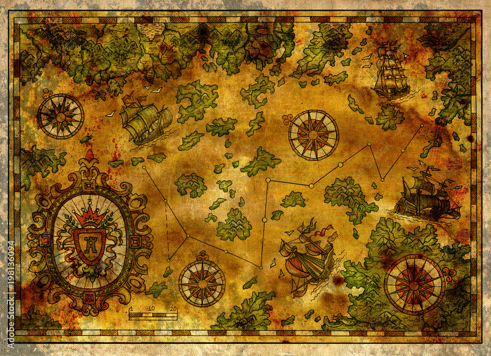 Ancient pirate map with old pirate sailboats, treasure islands and ...