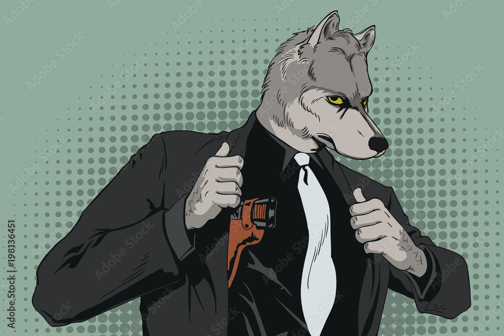 Confident cool man with gun. Wolf is a boss of mafia. People in images ...