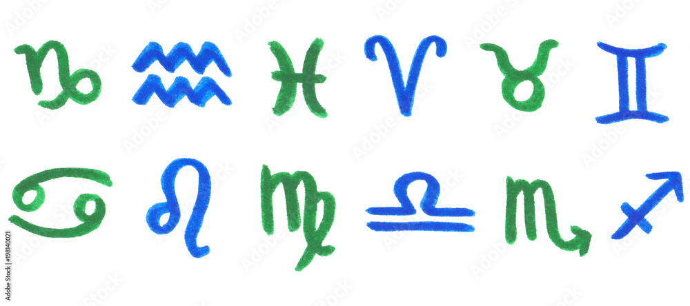 Simple horoscope zodiac signs set painted in highlight marker pen on ...