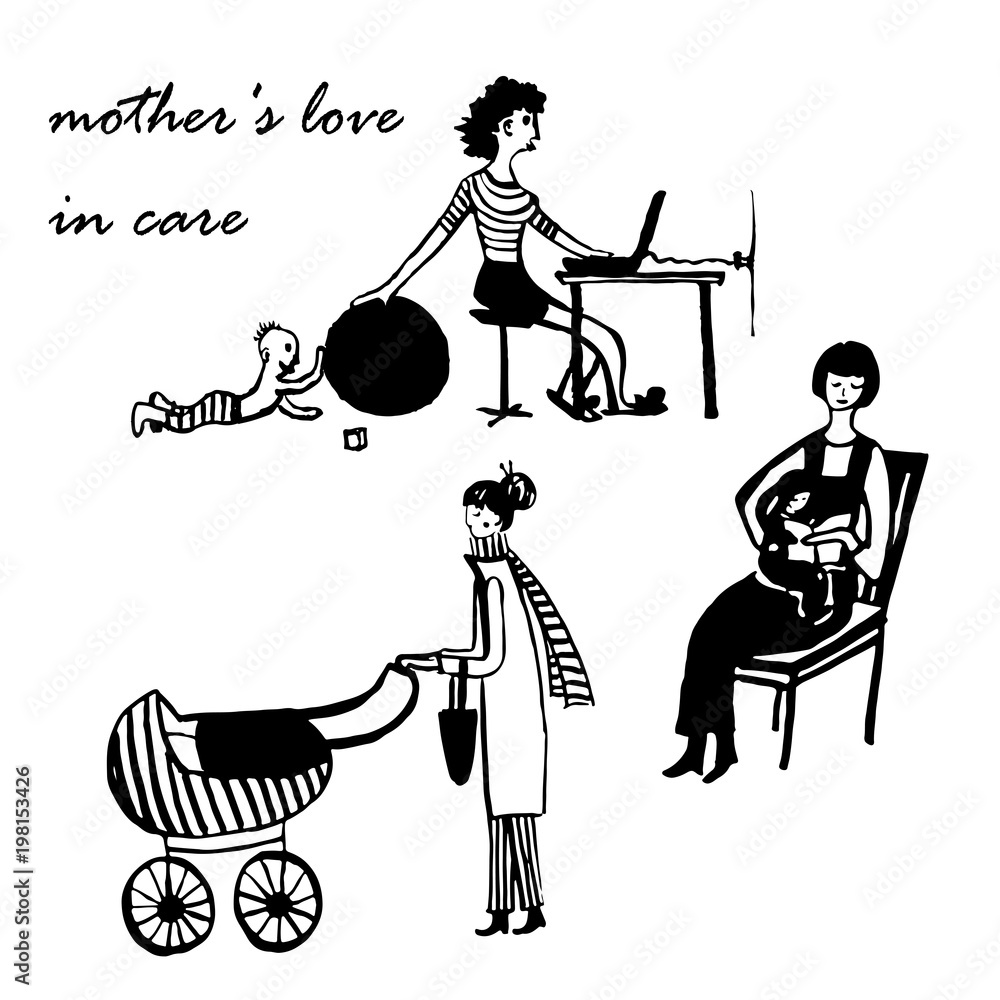 drawing of a set of cartoon pictures of young mothers taking care of ...