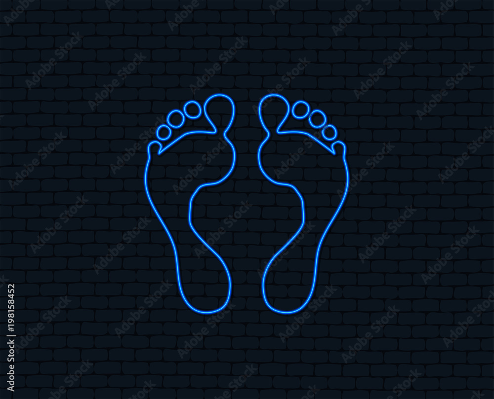 Neon light. Human footprint sign icon. Barefoot symbol. Foot silhouette ...
