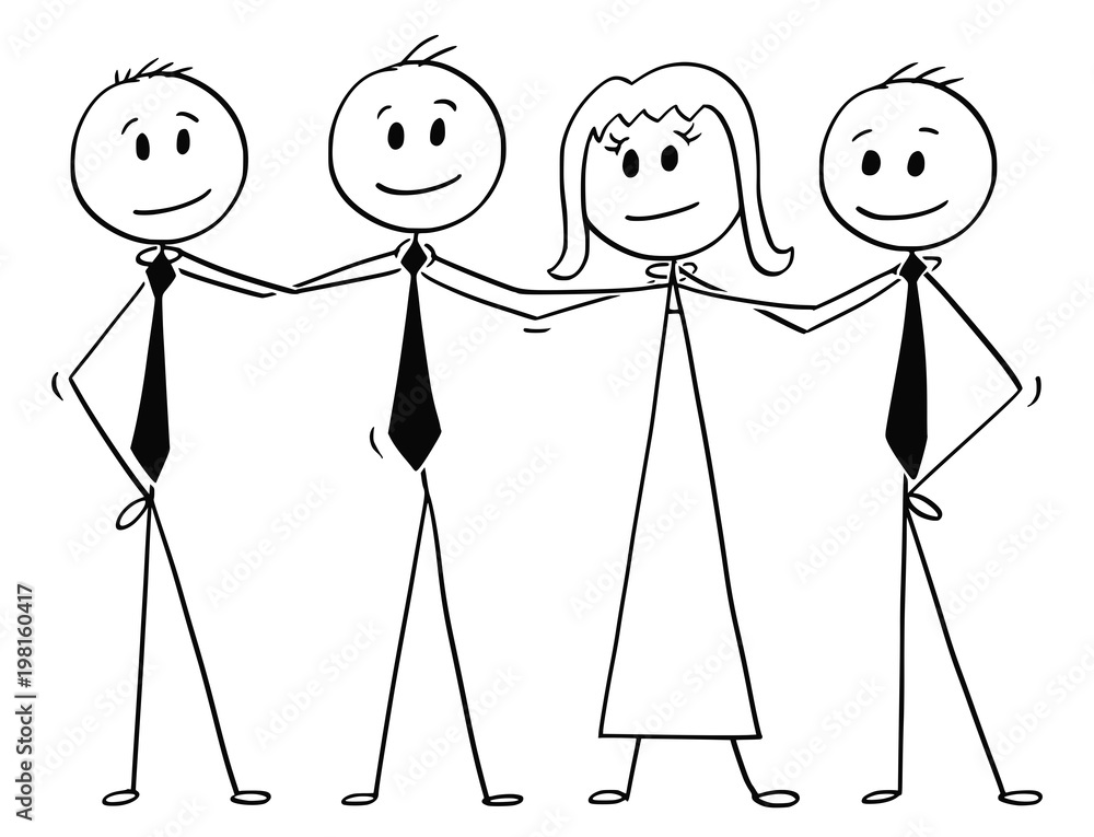 Cartoon stick man drawing conceptual illustration of team of business ...