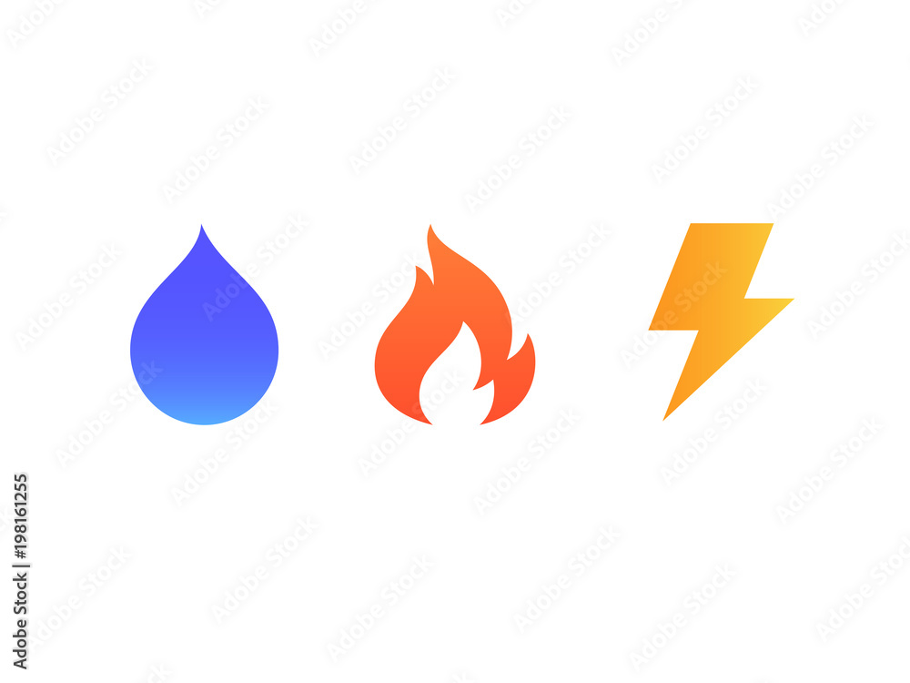 Vector icons of fire, water and lightning isolated on white background ...
