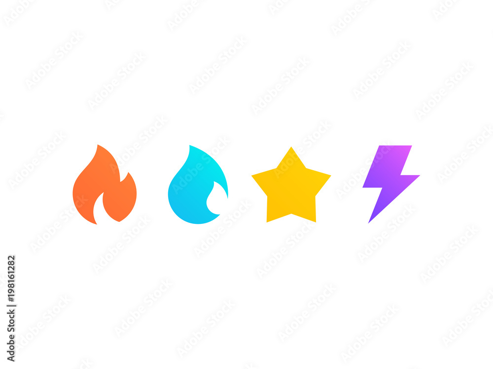 Vector icons of fire, water, star and lightning isolated on white ...