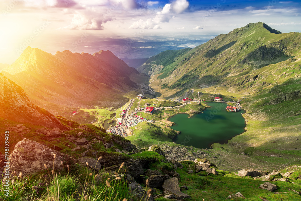 Transfagarasan Balea glacier lake. Above view of lake Balea in Fagaras ...