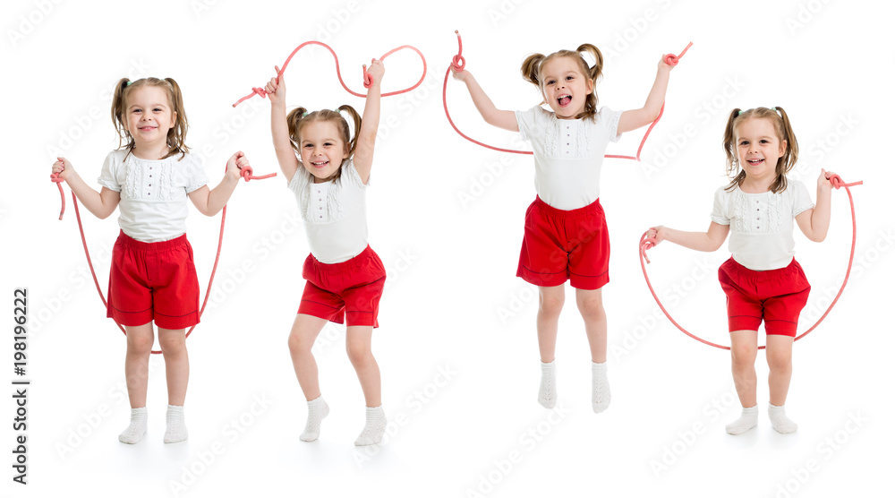 Set of child girl jumping with rope isolated on white Stock Photo ...