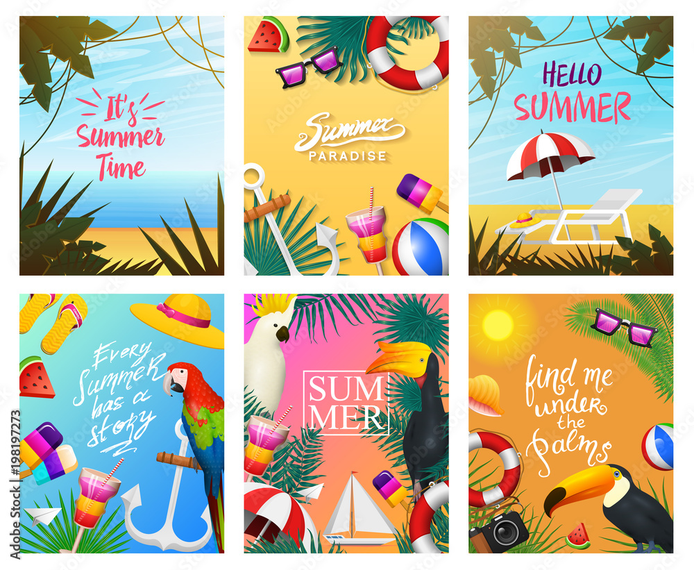 Nautical Summer cards. Marine vacation on the beach. Tropical plants ...