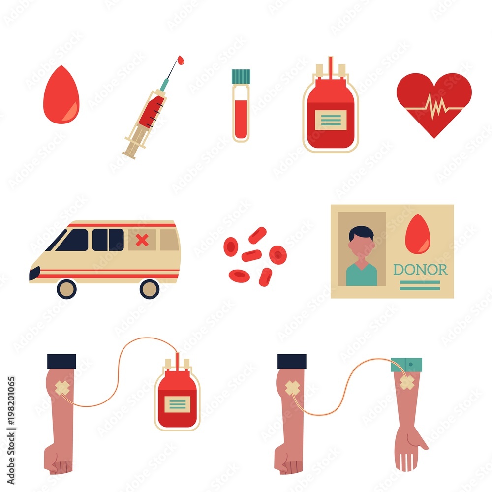Flat blood donation concept symbols set. Blood donor day illustration ...