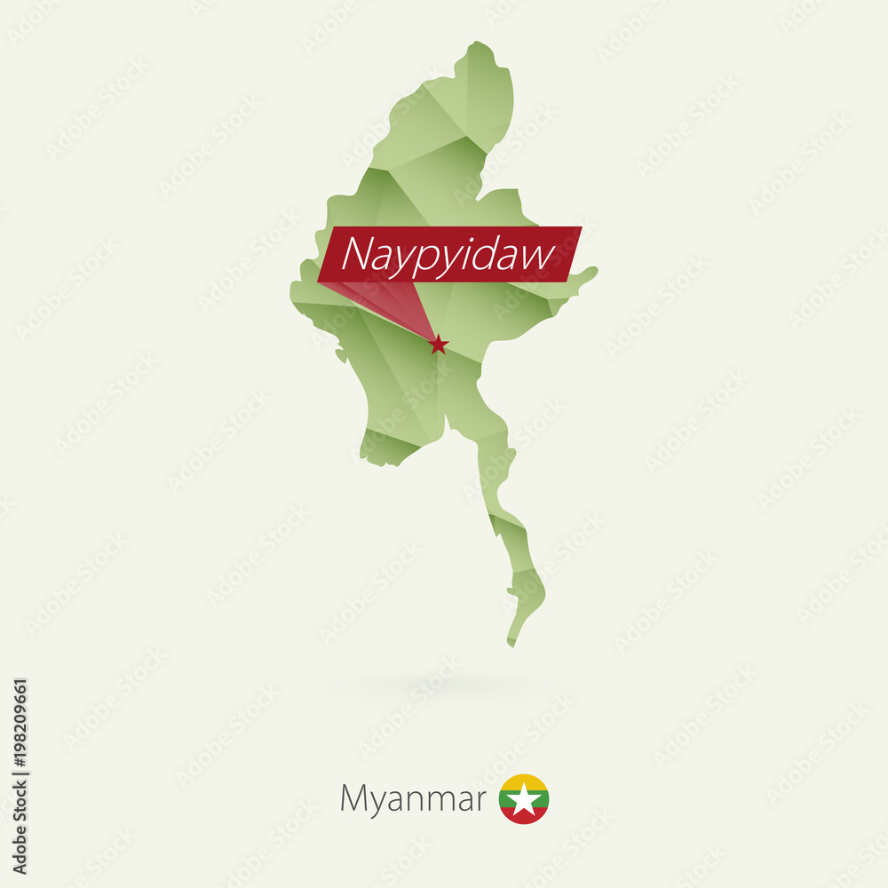 Green gradient low poly map of Myanmar with capital Naypyidaw Stock ...