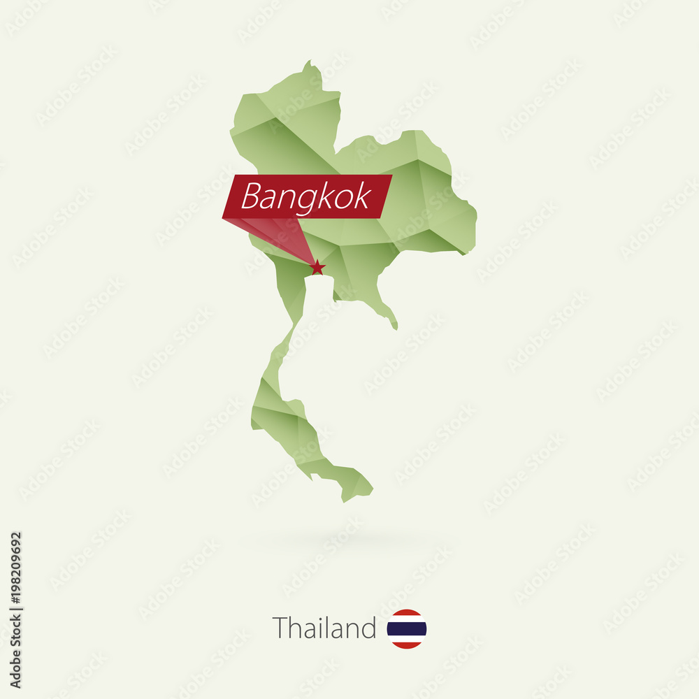 Green gradient low poly map of Thailand with capital Bangkok Stock ...