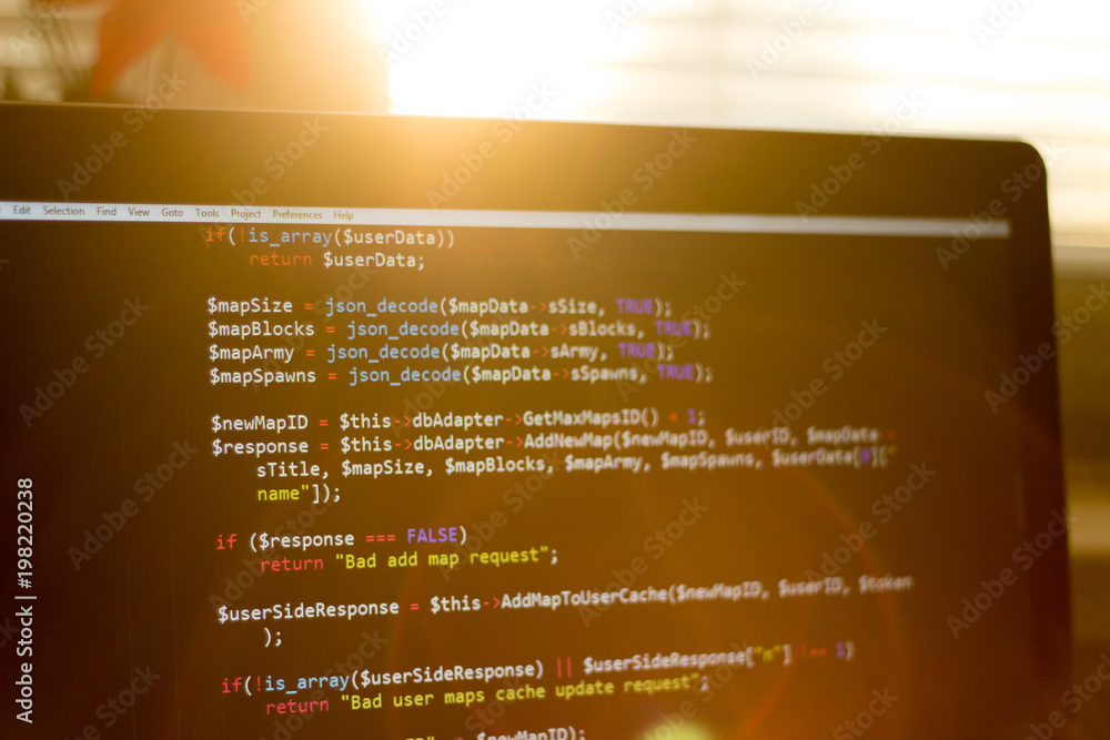 Php Back End Code In Sunset Rays Computer Programming Source Code Abstract Screen Of Web