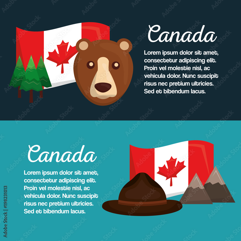 canada banners flag bear hat mountain pine tree vector illustration ...