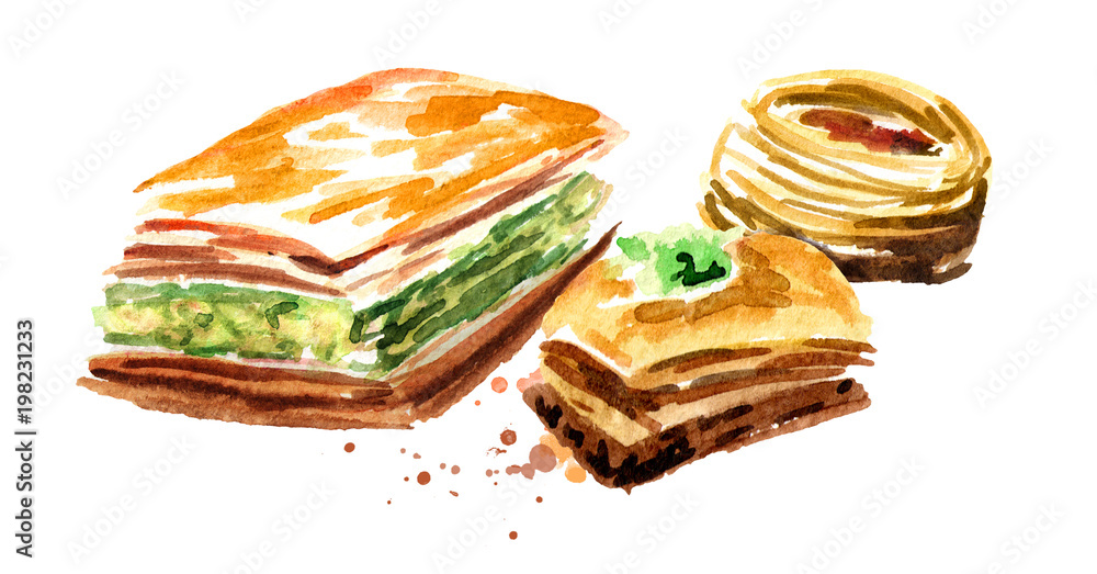 Turkish Baklava. Watercolor hand drawn illustration, isolated on white ...