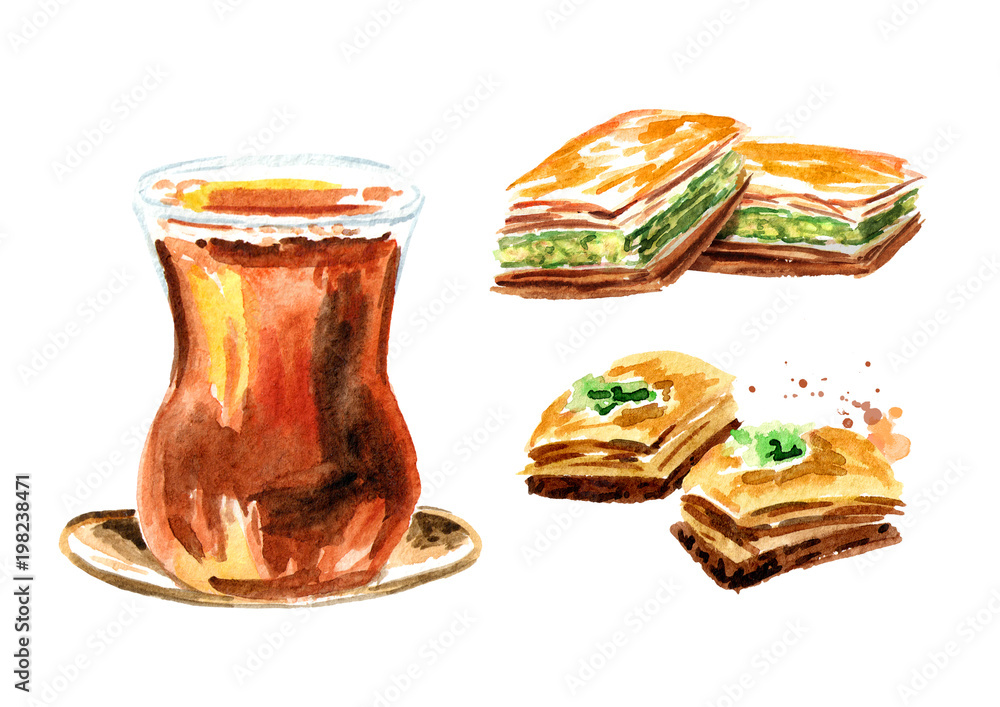 ภาพประกอบสต็อก Turkish tea in traditional glass and baklava set ...