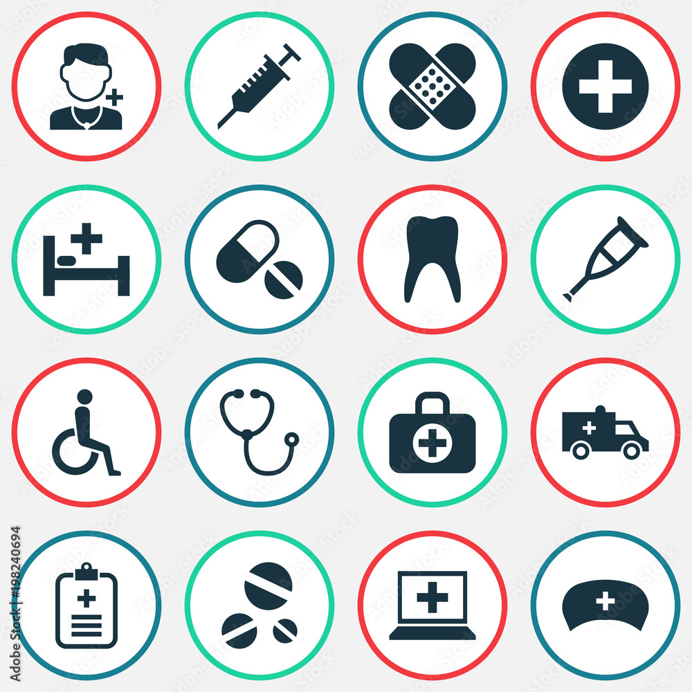 Medicine icons set with stethoscope, adhesive plaster, nurse hat and ...