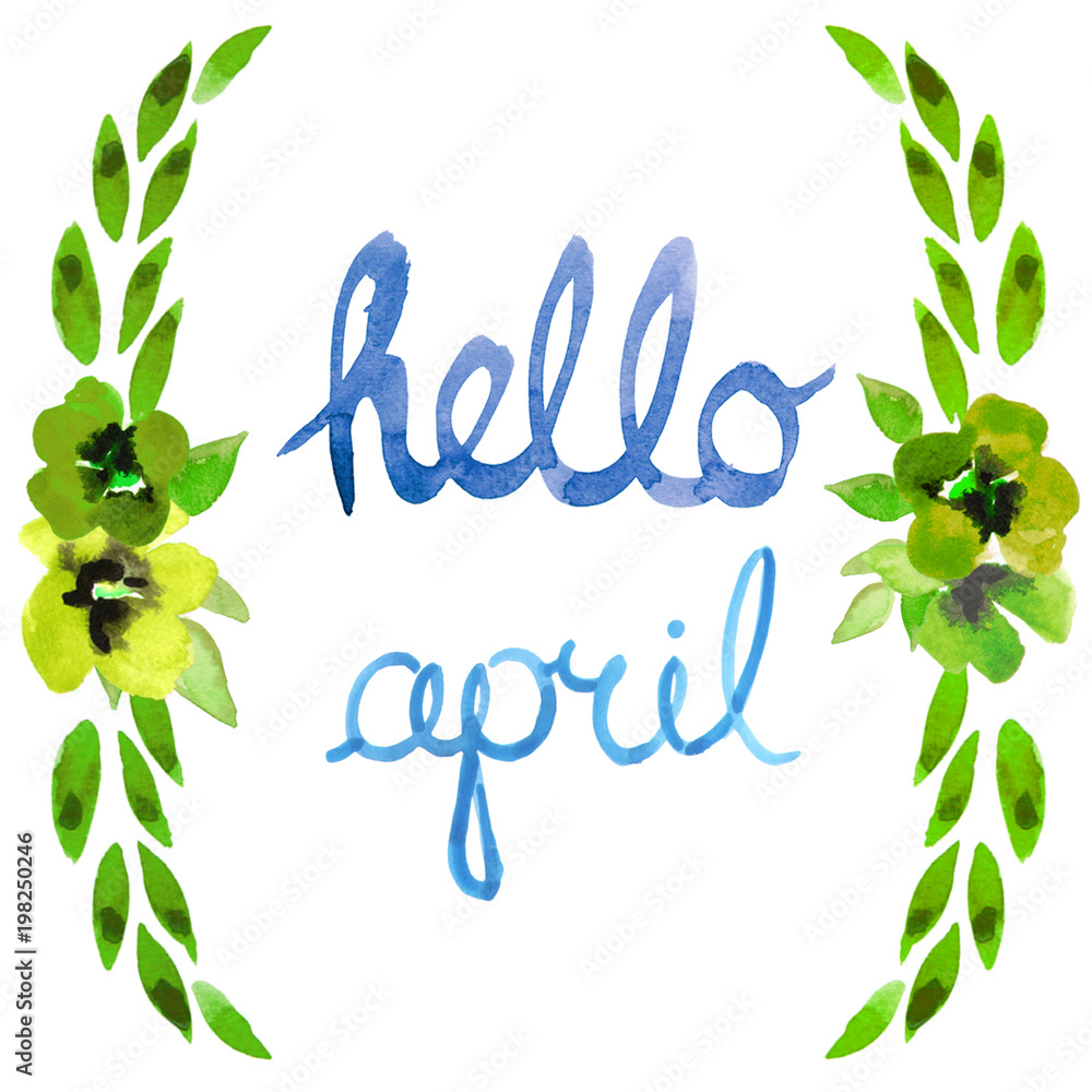Watercolor illustrated hello April spring greeting lettering hand ...