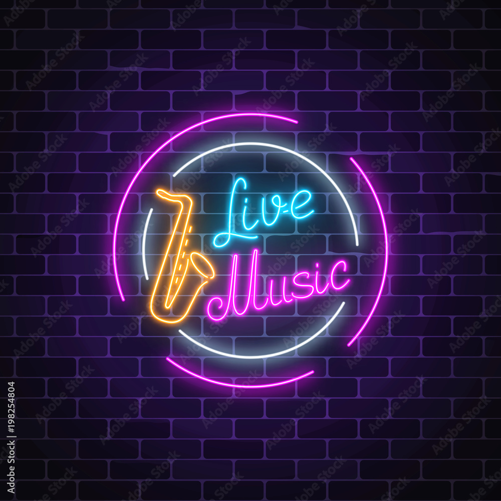 Neon sign of bar with live music. Advertising glowing signboard of ...