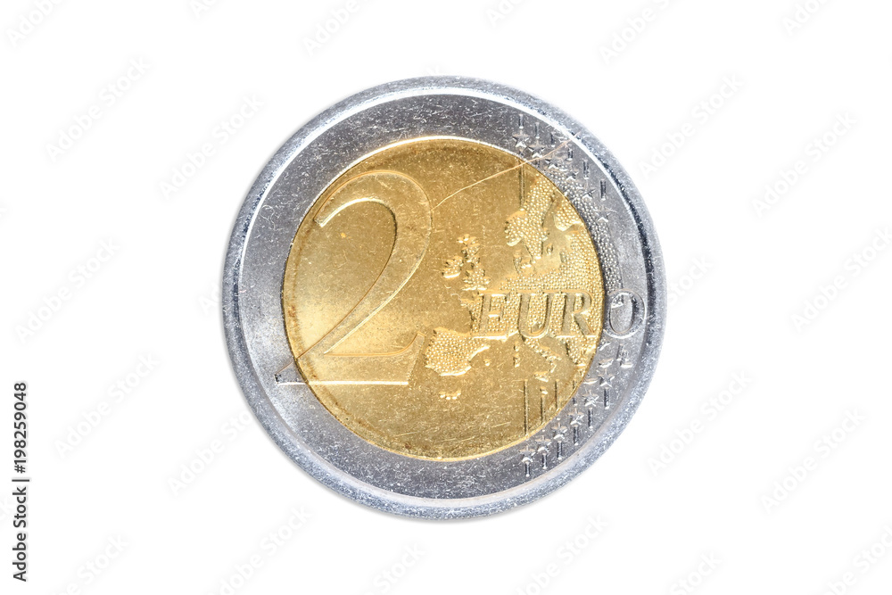 Coin of two euro closeup with European map symbol of United Europe ...