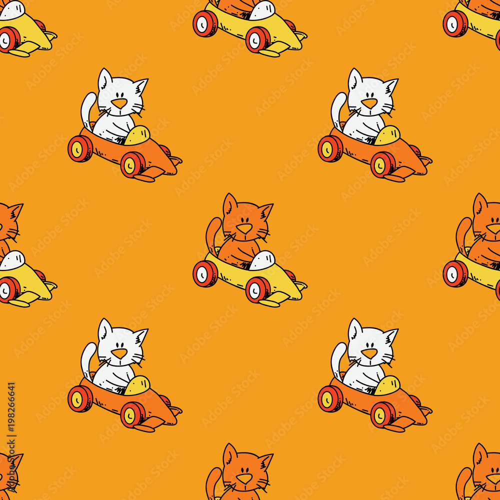 Cat driving race car seamless pattern. Original design for print or ...