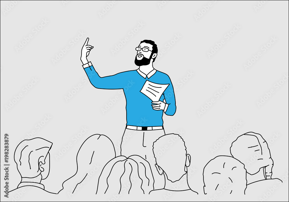 Speaker giving a talk to audience in the conference hall. Outline, thin ...