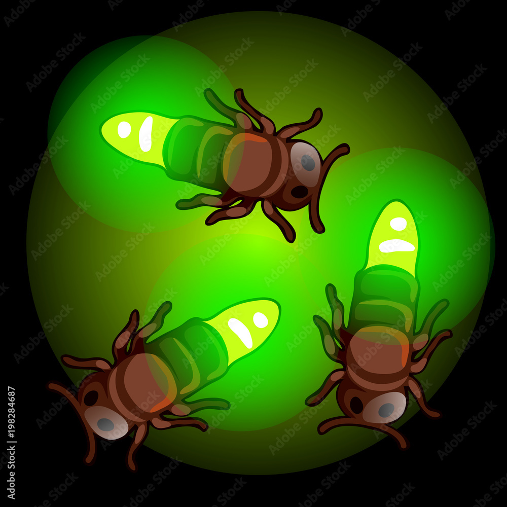 Fireflies on green light. Insects emitting glow, living bulbs. Image in ...